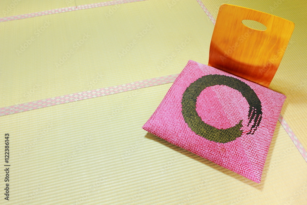 Japanese traditional wooden legless chair with Zabuton cushion on ...