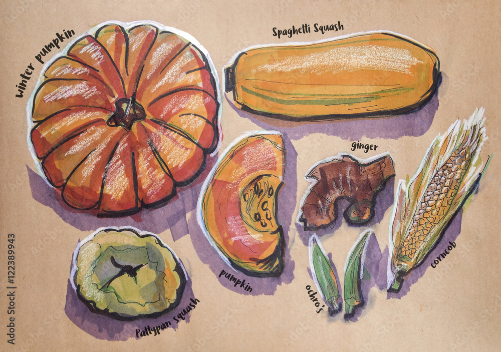 different food components, original drawing on craft paper Stock ...