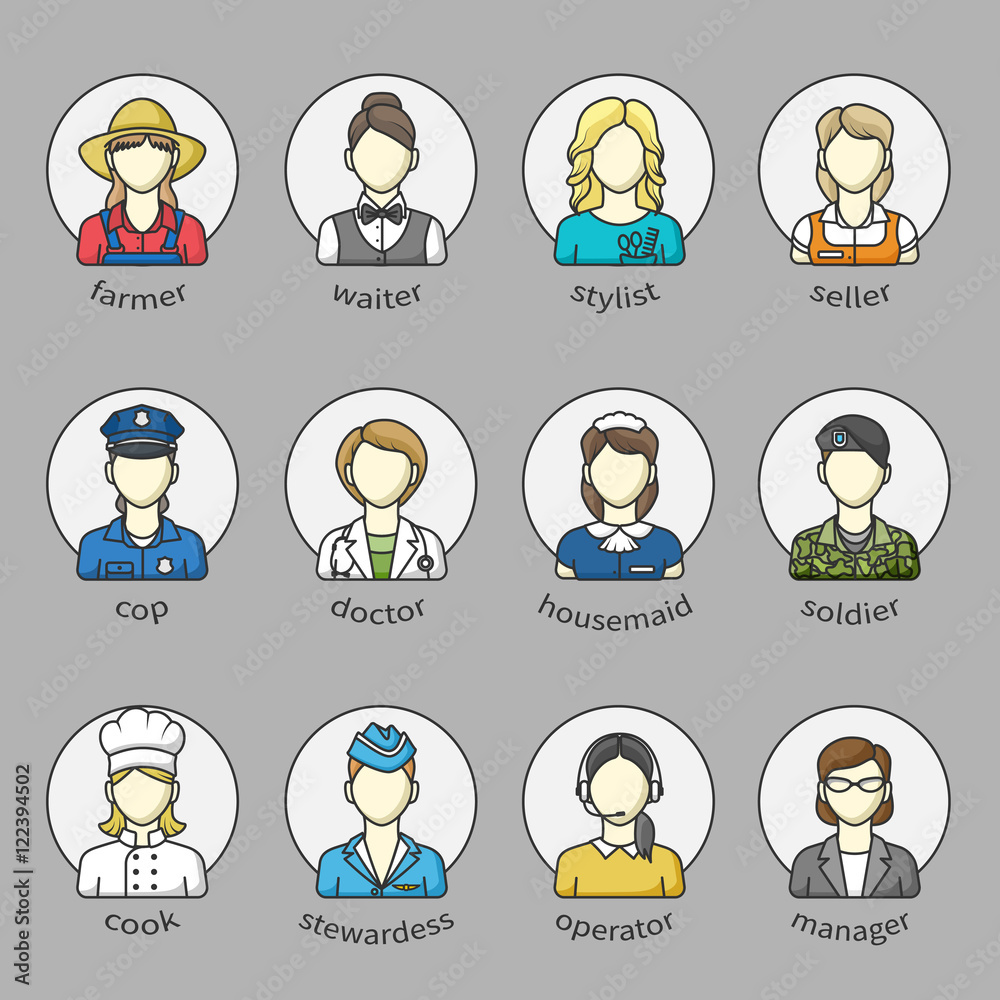 Women icons and avatars in a circle with name. Set of different female ...