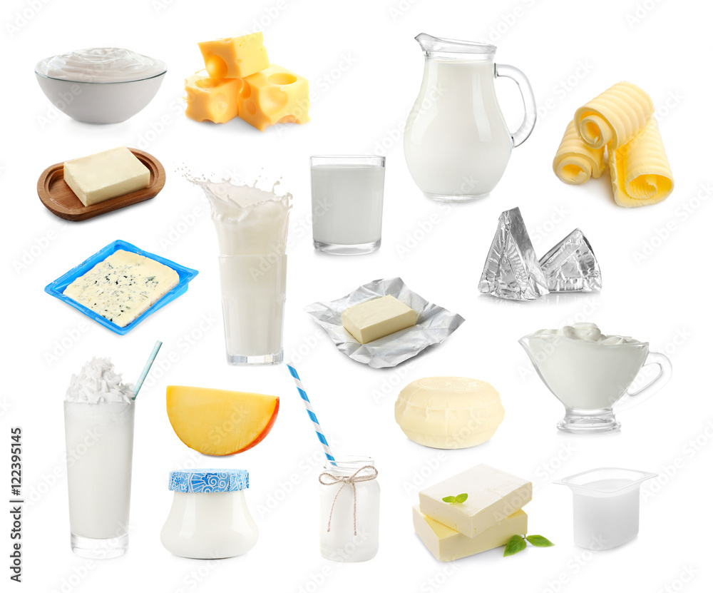 Different types of dairy products on white background. Dairy food ...