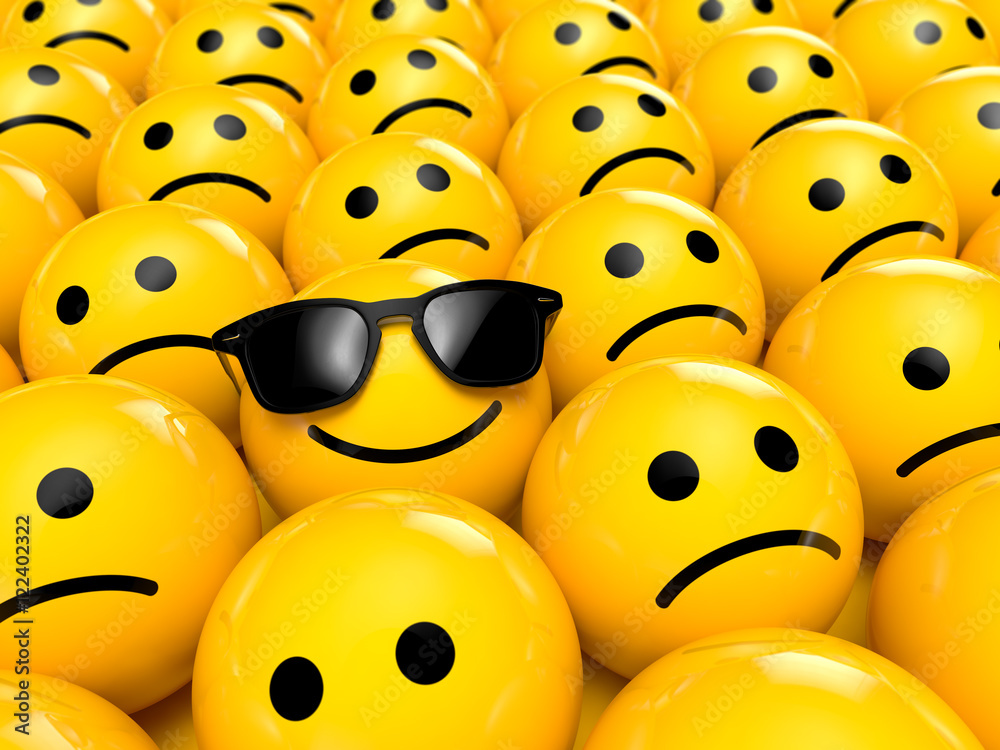 Happy Smiley Emoticon mit Sonnenbrillen zwischen traurigen Emoticons ...