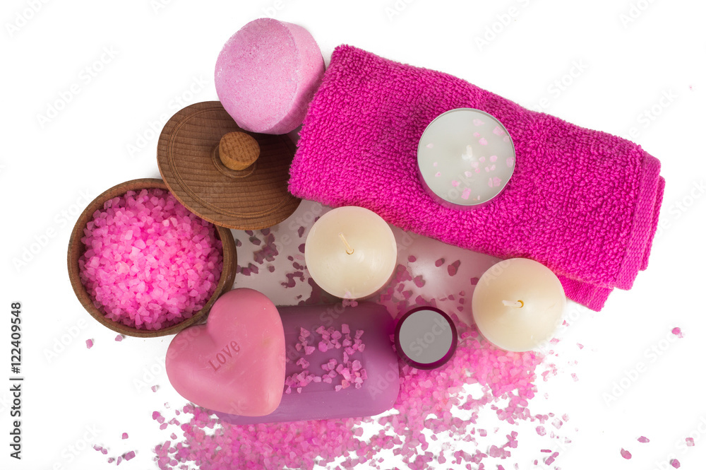 Pink spa set. On white, isolated background. Top view. Flat lay. Stock ...