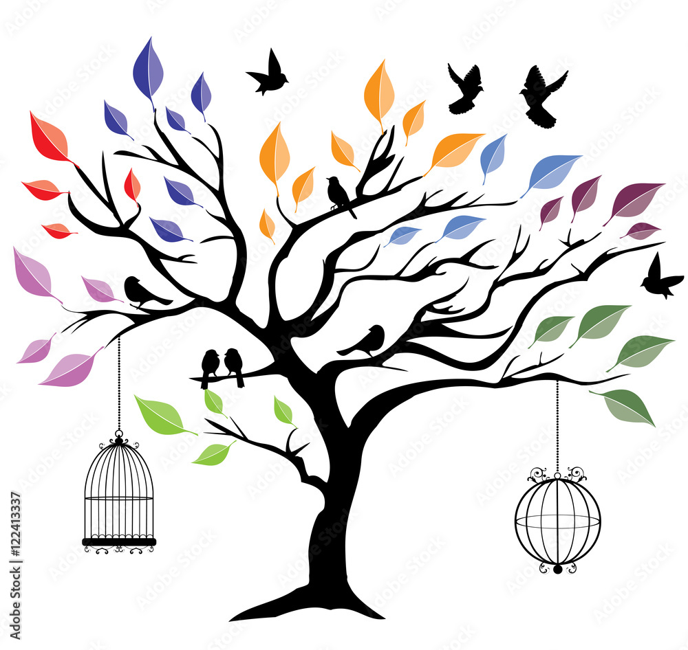 Vector Tree With Birds vector de Stock | Adobe Stock