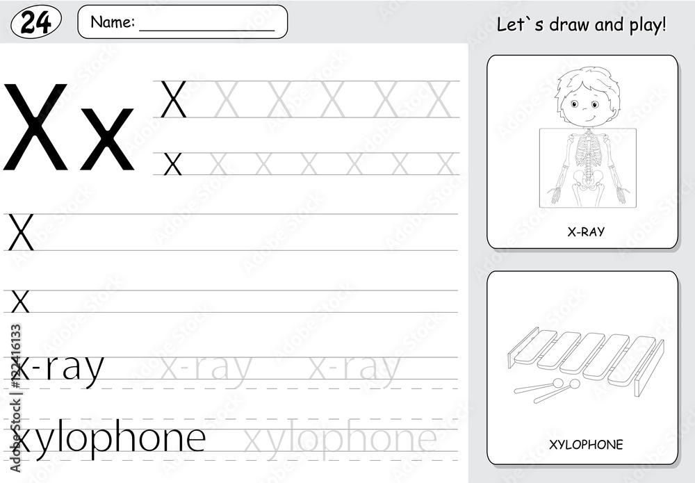 Cartoon x-ray boy and xylophone. Alphabet tracing worksheet: wri Stock ...