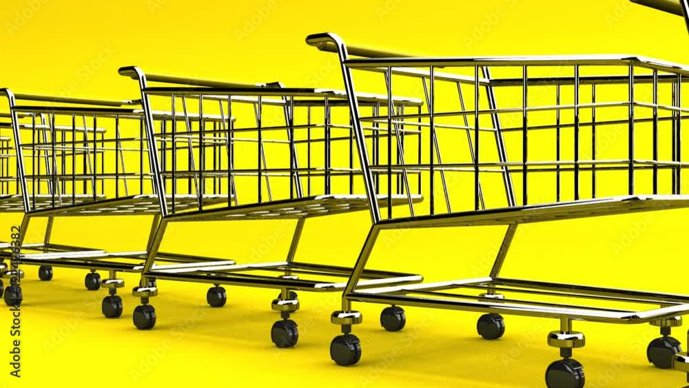 Many Shopping Carts On Yellow Background. Loop able 3DCG render ...