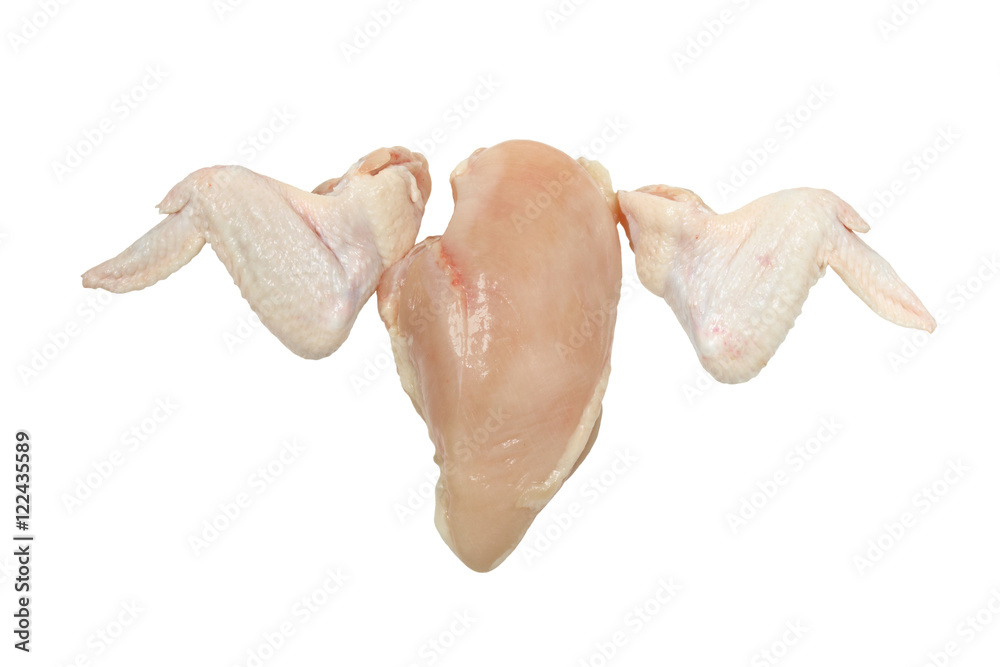 Chickens wings and fillet portrayed chicken in flight isolated on white ...