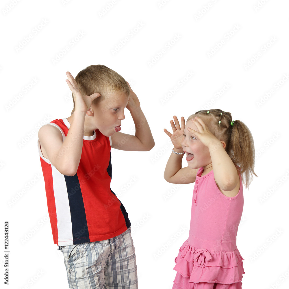 Little boy and girl teasing each other isolated on square white ...