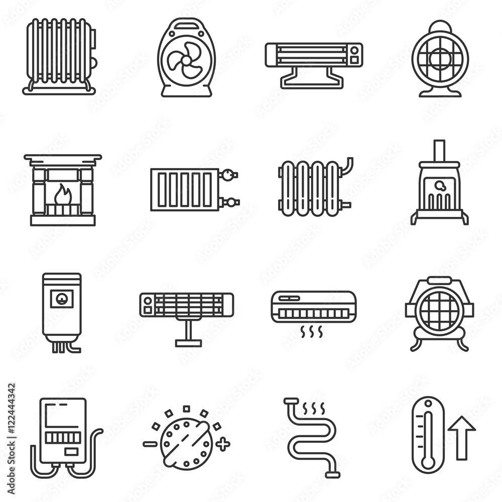 heaters icons set, line style. heating appliances isolated symbols ...