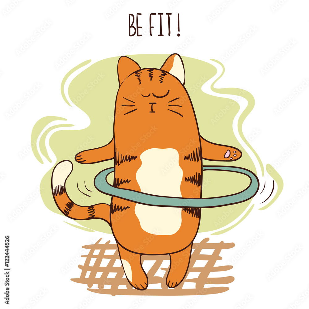 Cute cartoon cat exercising with hula hoop. Vector fitness illustration ...