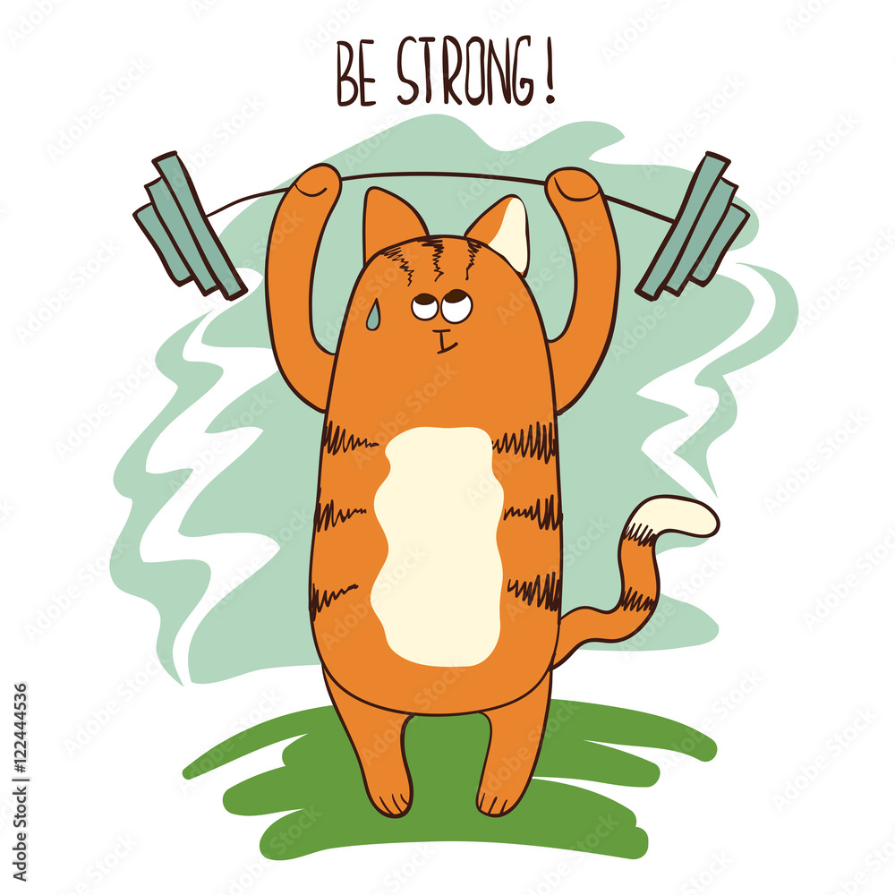 Cute cartoon weightlifter cat lifting the barbell. Vector illustration ...