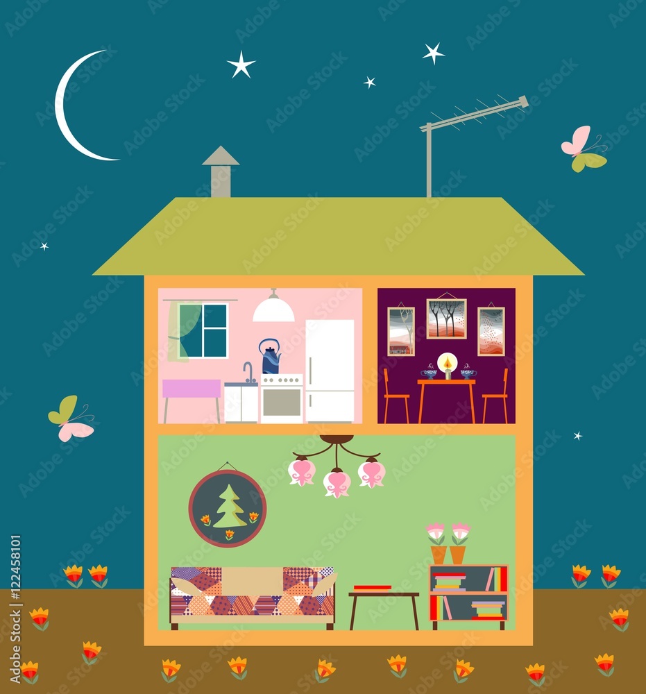 Cute Cartoon House Night