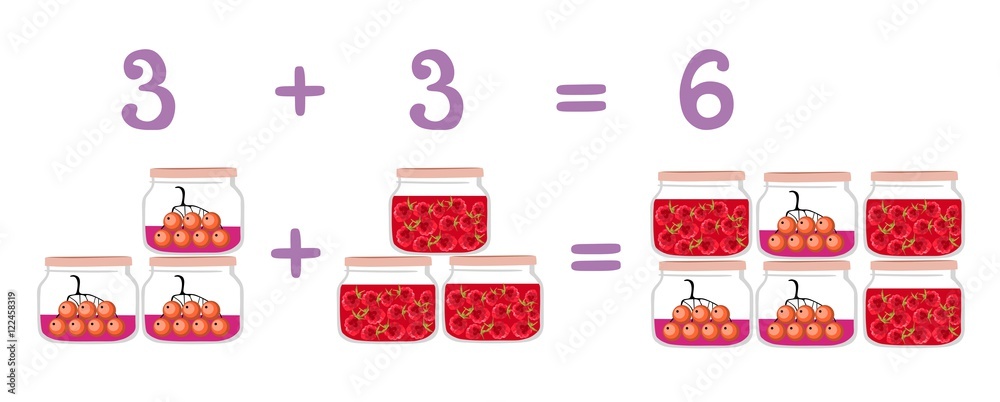 Mathematical examples in addition to fun glass jars. Vector ...