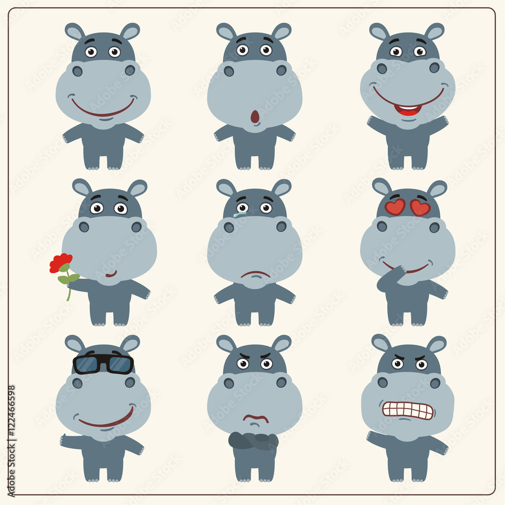 Vector set isolated emotion hippo. Collection cute hippo in cartoon ...