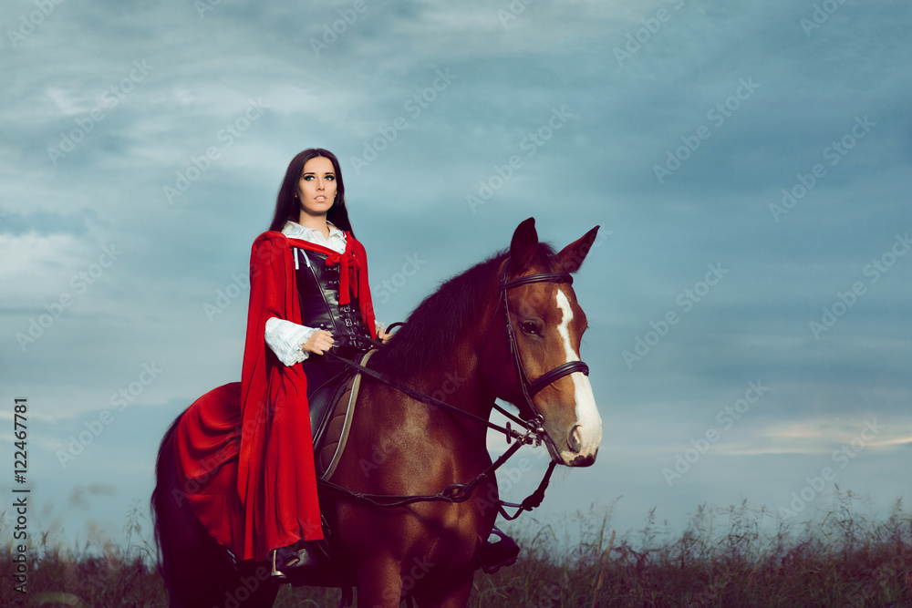 Beautiful Princess with Red Cape Riding a Horse Stock Photo | Adobe Stock