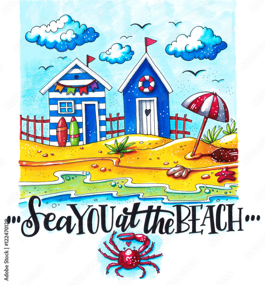 Sea you at the beach. Bright cartoon illustration of cute summer Stock ...