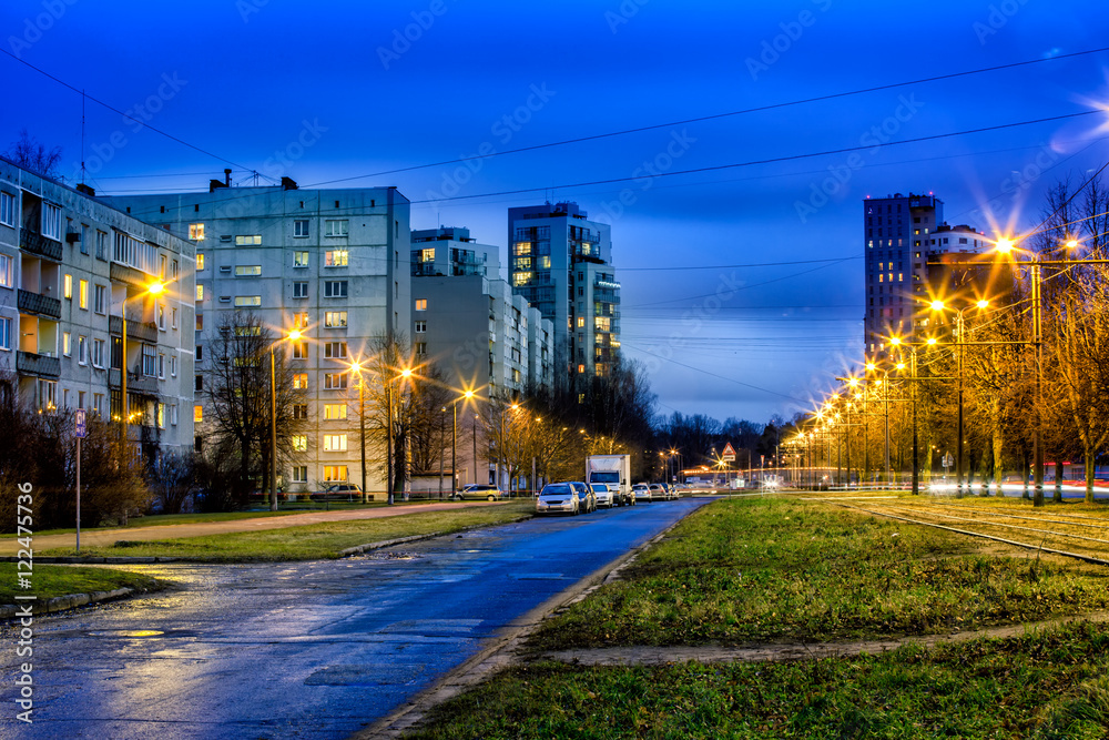 Night view of New and soviet era block apartment buildings Stock Photo ...