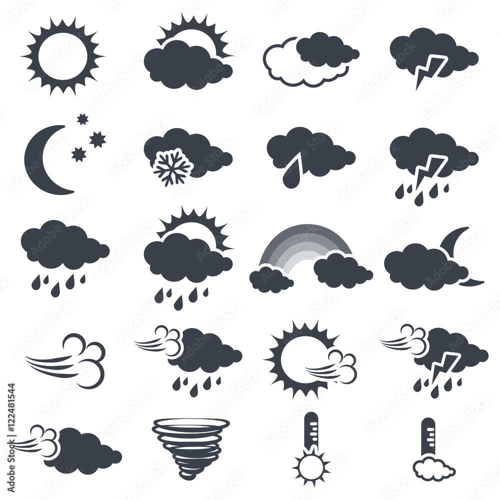 Vector set of various dark grey weather symbols, elements of forecast ...