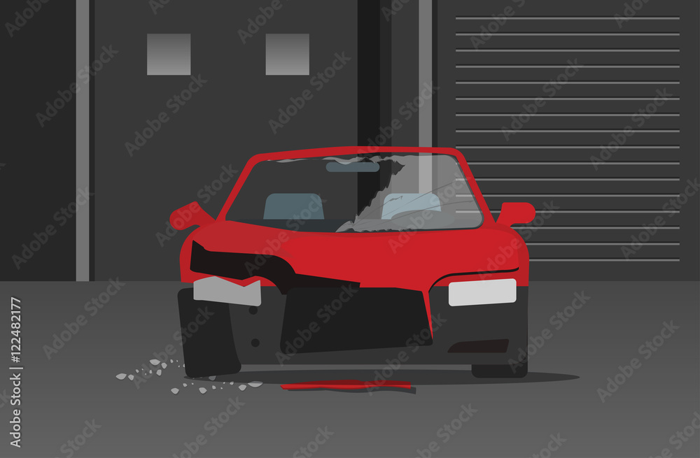 Crashed car in dark night street vector illustration, concept of car ...