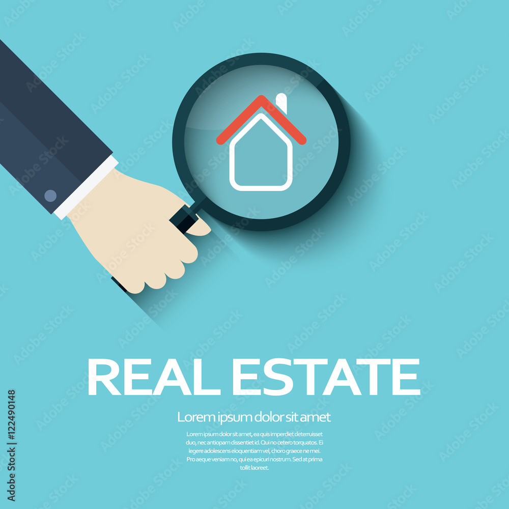 Real estate business background with magnifying glass as a symbol of ...