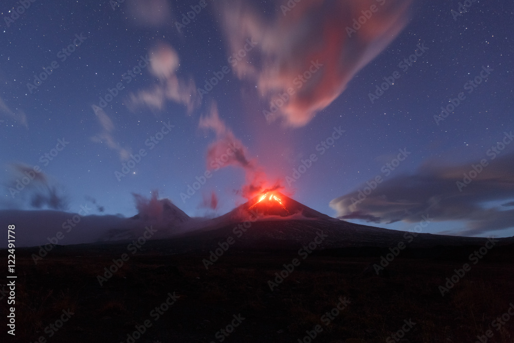 Beautiful volcanic landscape of Kamchatka: night view of eruption ...