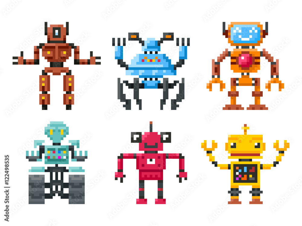 Pixel robots icons. 8 bit bots vector isolated set Stock Vector | Adobe ...