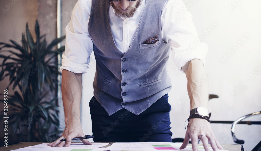 Closeup Bearded Businessman Analyzes Business Plan Documents Modern ...