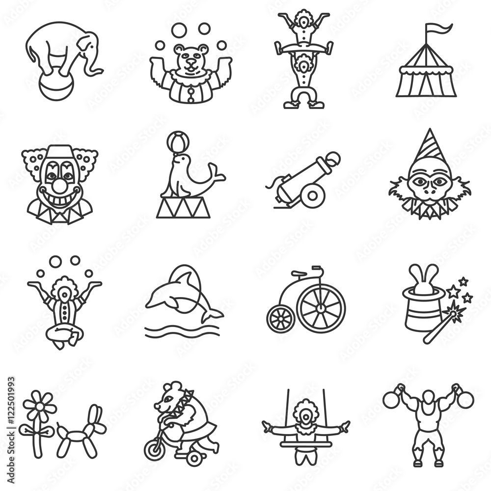 circus show icons set, line style. circus animals and circus acrobats ...
