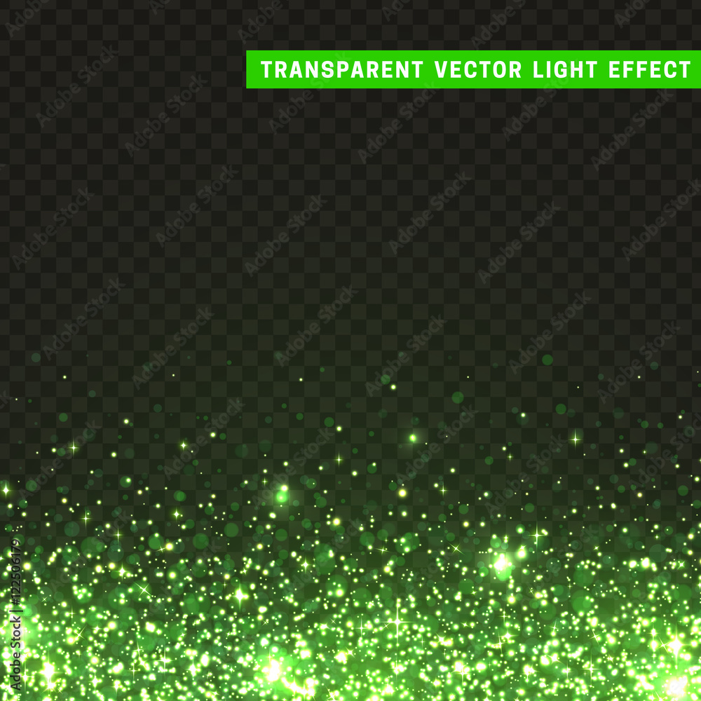 Transparent vector light effect green. Glitter particles, shining stars ...