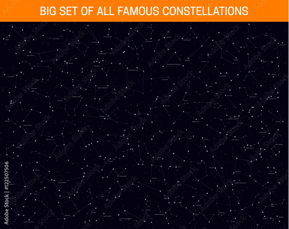 Big set of all famous constellations, modern astronomical signs of the ...