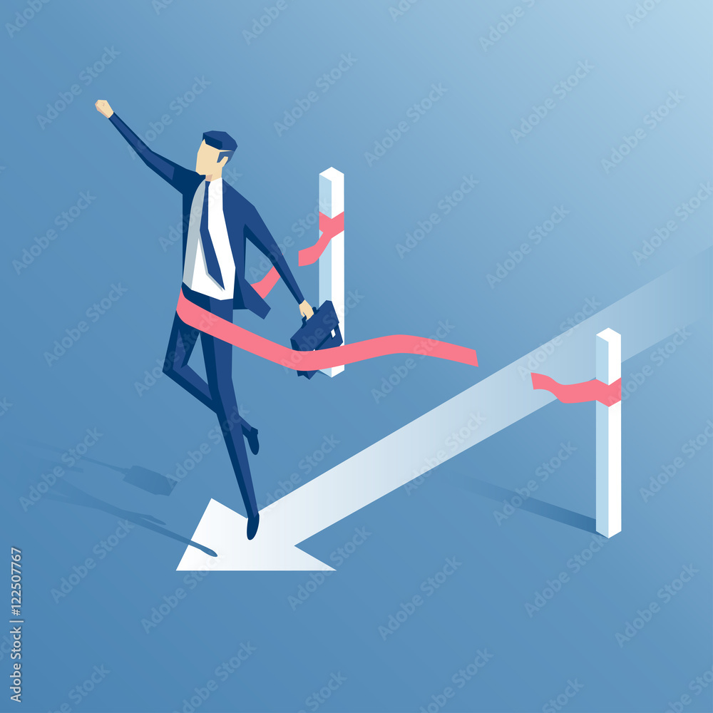 businessman crosses the finish line or the red ribbon, isometric ...