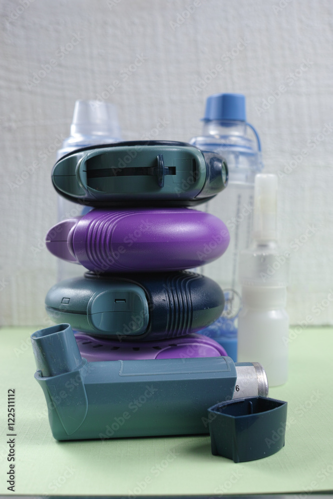 Asthma, allergy, illness relief concept, salbutamol inhalers Stock ...