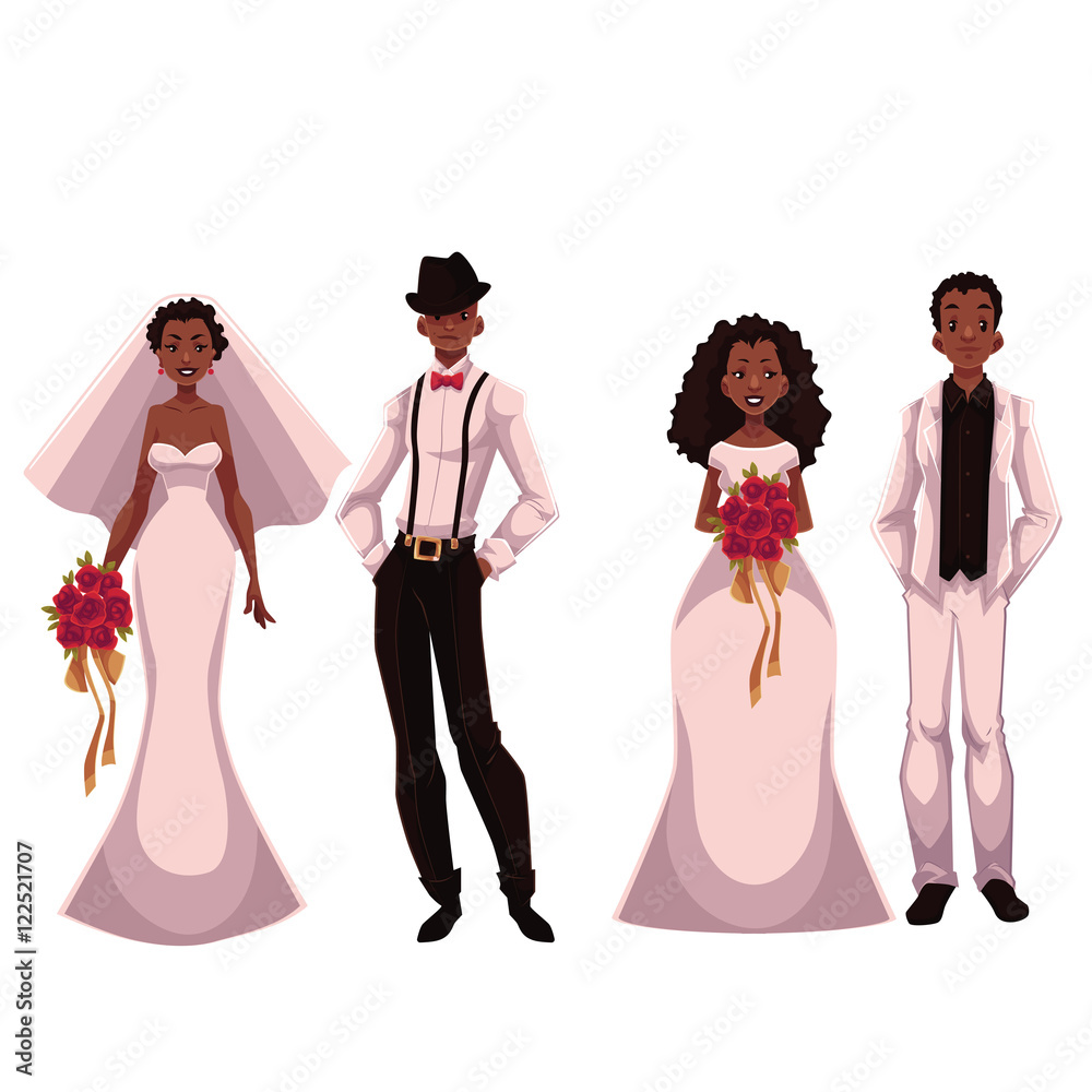 African American just married couple, set of brides and grooms, cartoon ...