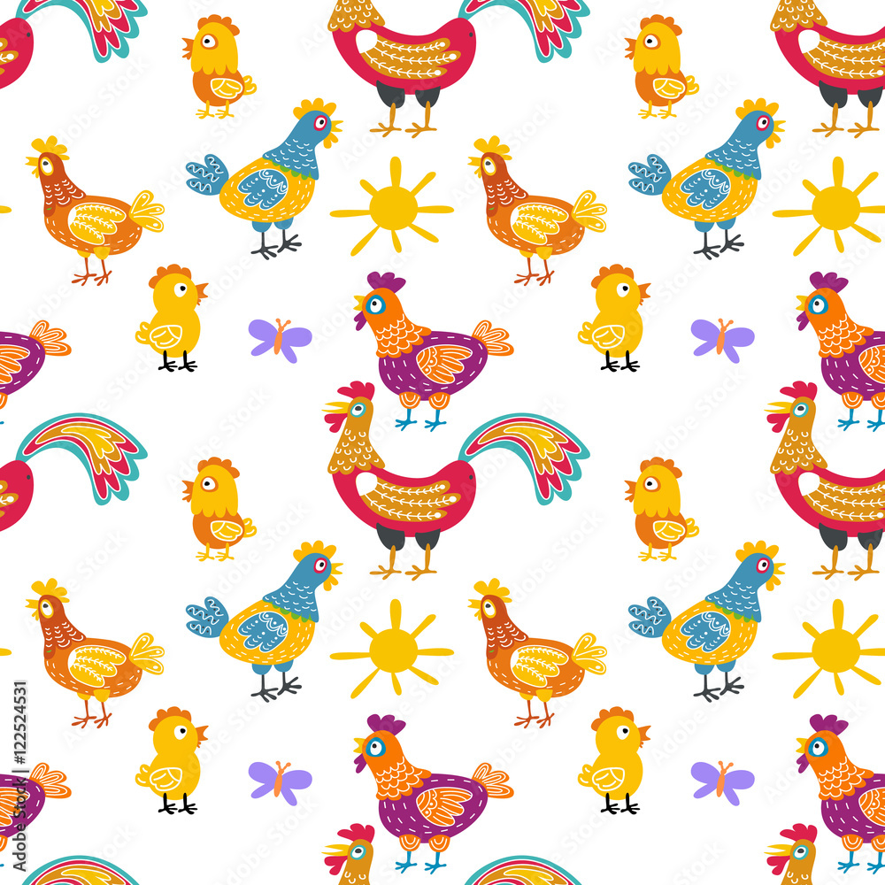 Vector fun chickens seamless pattern background with hand drawn farm ...