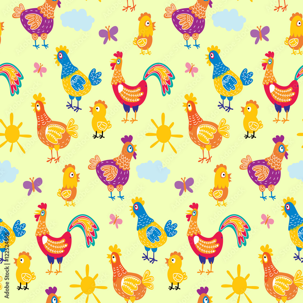 Vector fun chickens seamless pattern background with hand drawn farm ...