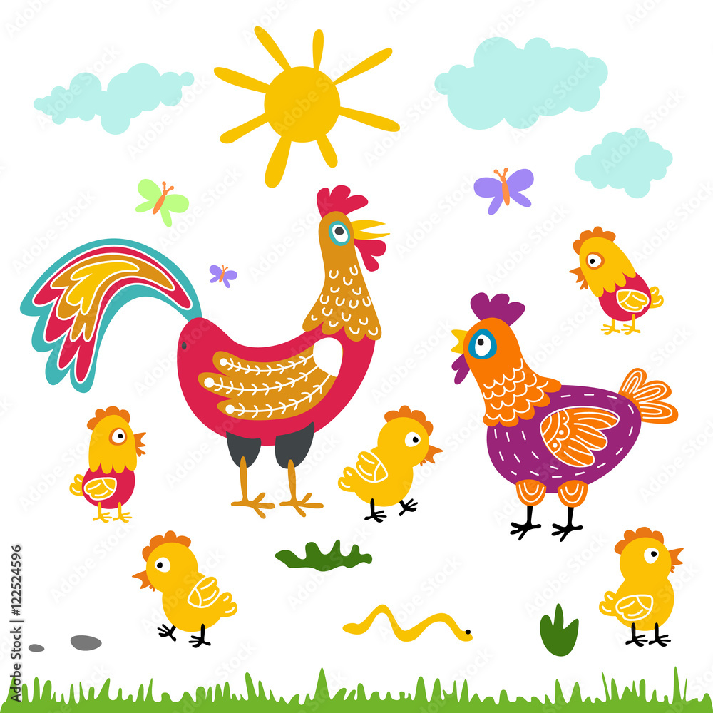 farm birds family cartoon flat illustration. rooster hen chicken ...