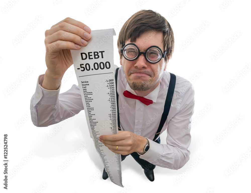Crazy and funny disappointed accountant is showing long receipt ...