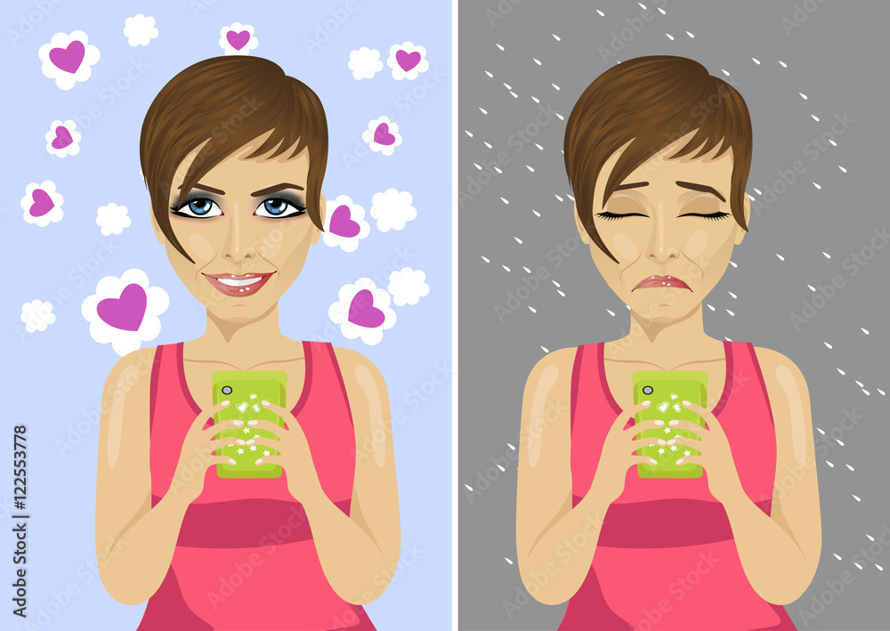 young woman with happy and unhappy expressions using her smartphone ...