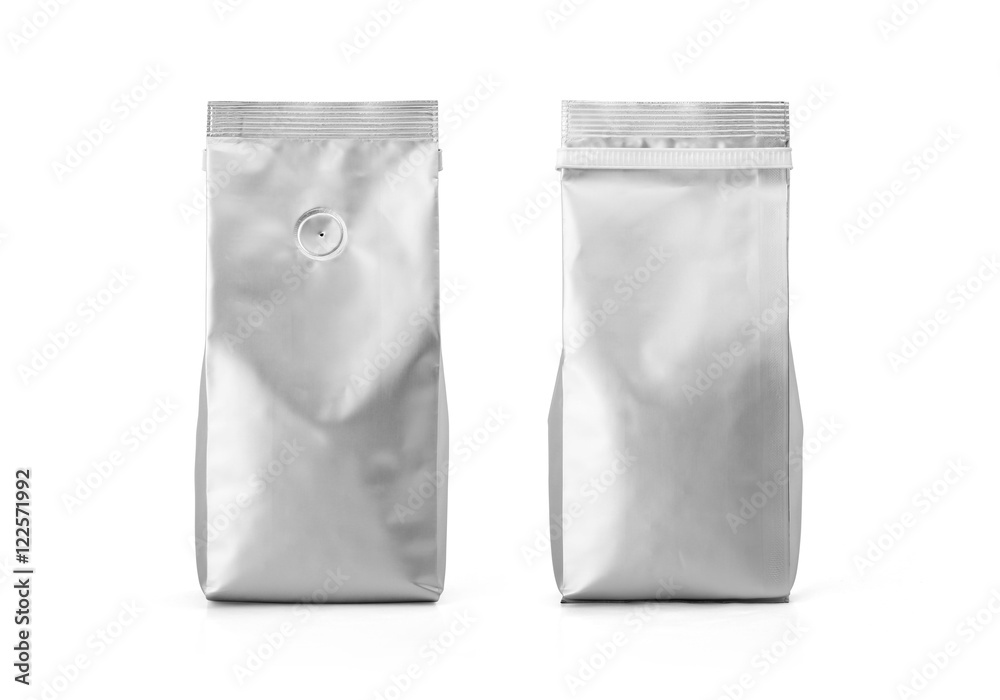 Foil plastic paper bag front and back view isolated on white background ...