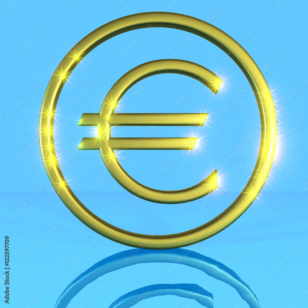 Golden shiny metallic euro symbol on a blue background with water ...