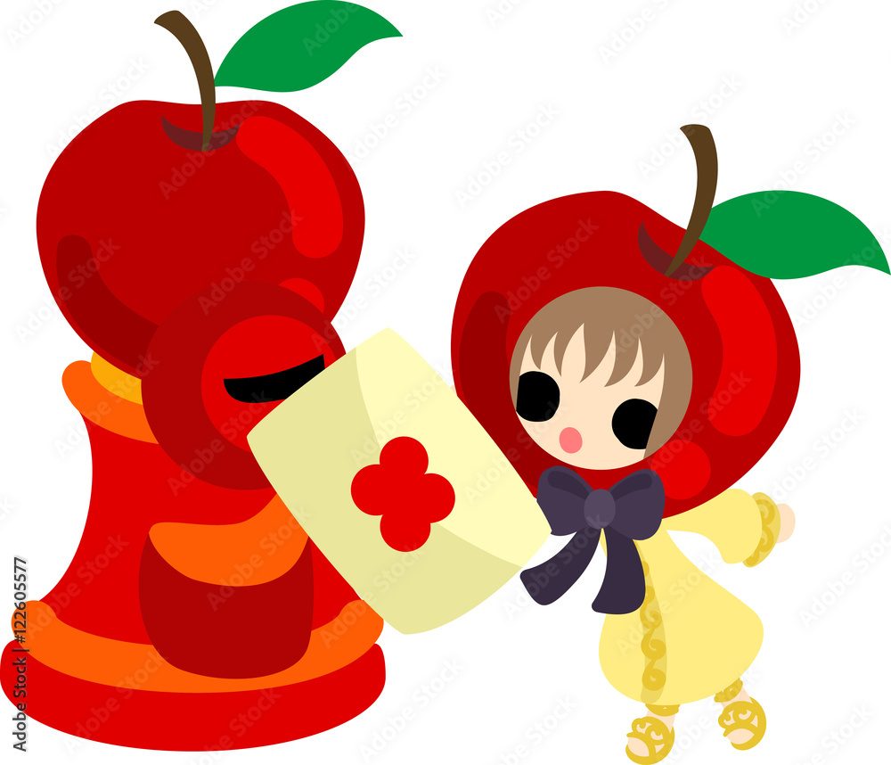 A cute little apple girl and the post of the apple Stock Vector | Adobe ...