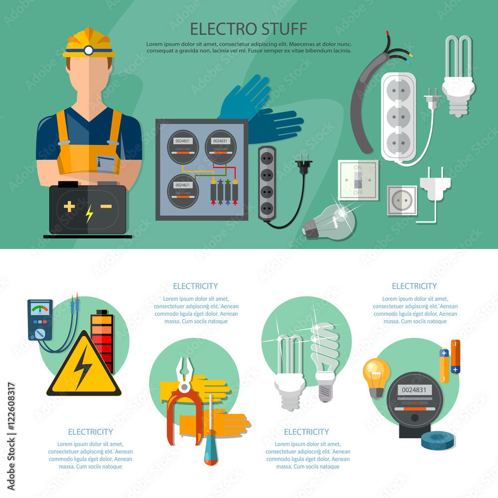 Professional electrician infographics electricity tools Stock Vector ...