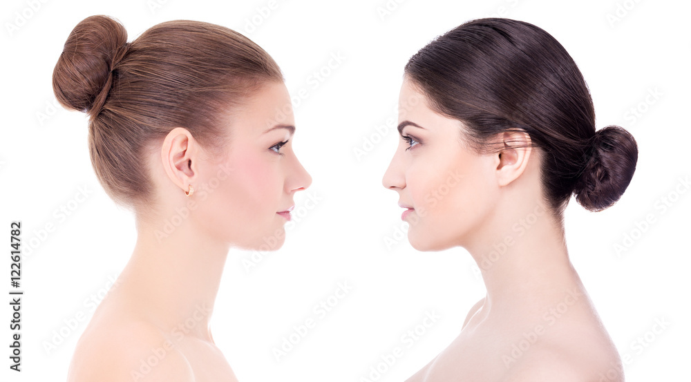 side view of two beautiful women with perfect skin isolated on w Stock ...