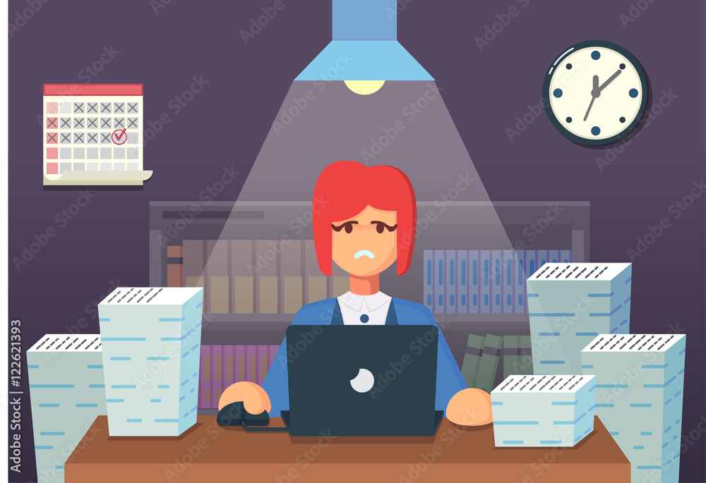 Funny flat Cartoon Character. Tired Office Worker Sitting and Working ...