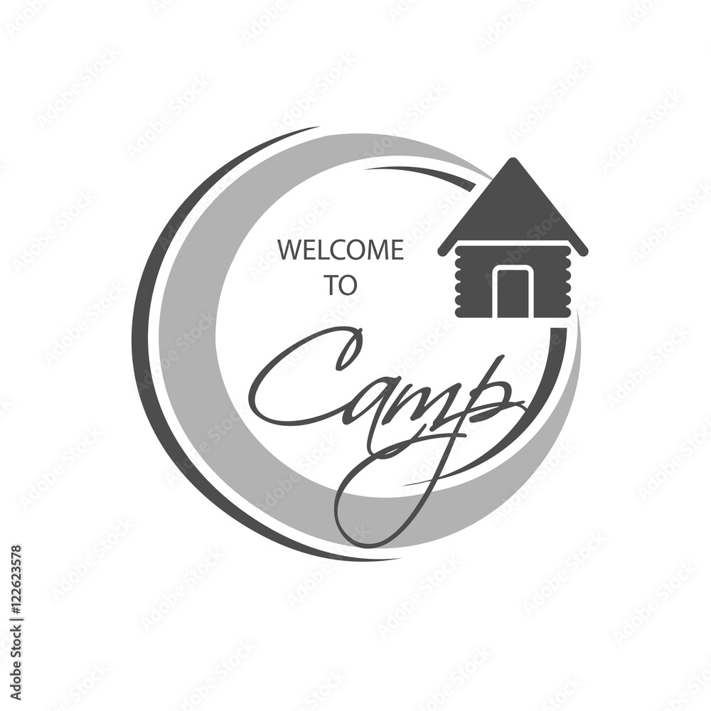 Vector camping icon. Circular symbol - Welcome to Camp - with wooden ...