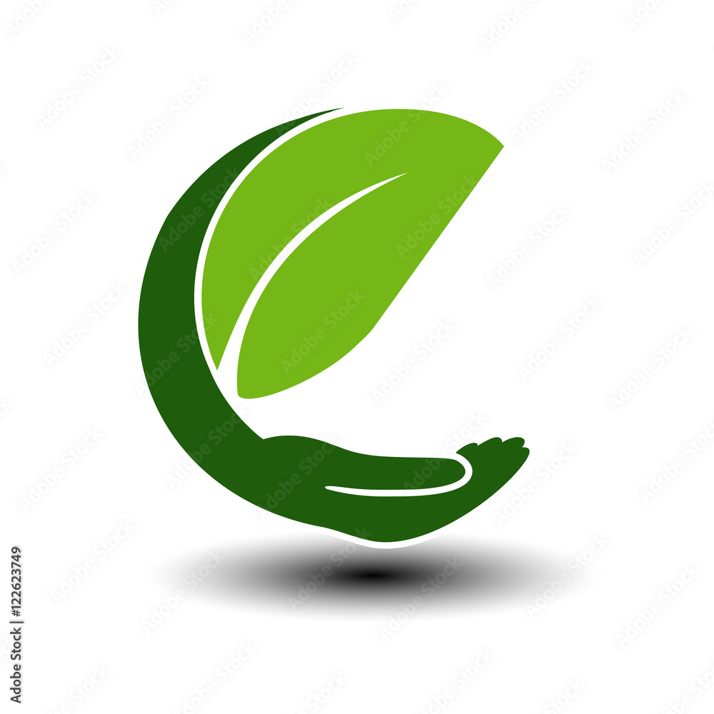 Vector symbol of green energy. Circular natural element with leaf and ...