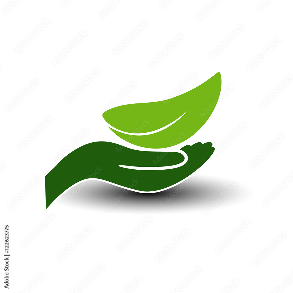 Vector symbol of green energy. Natural element with leaf and hand ...