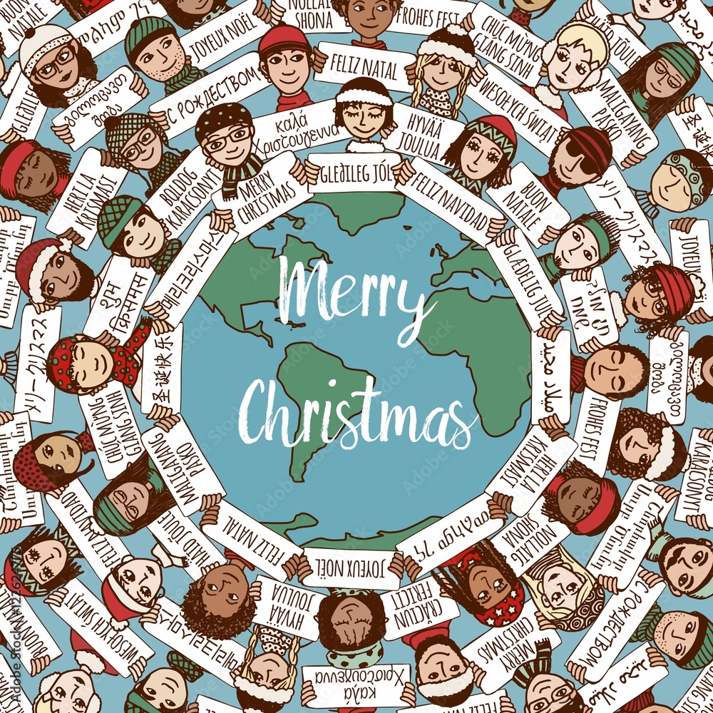 Christmas around the world - hand drawn doodle faces with Merry ...