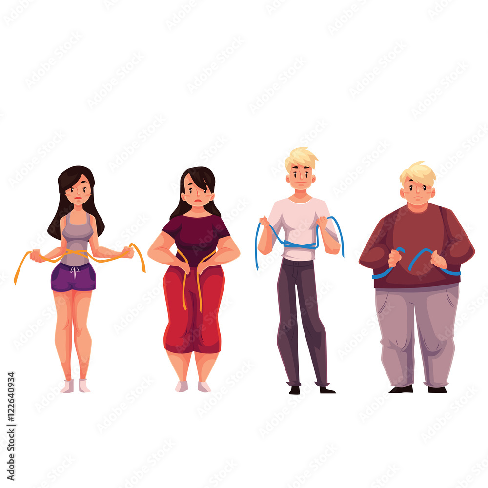 Fit and fat men and women measuring themselves with a tape, cartoon ...