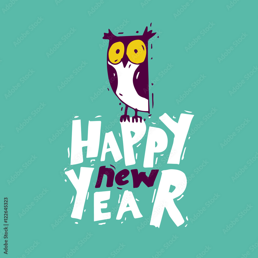 Happy New Year Owl. Xmas Poster, banner, printed matter, greeting card ...