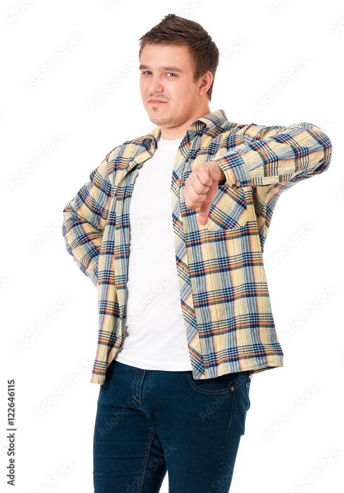Young casual man show the thumb down negative hand sign, isolated on ...